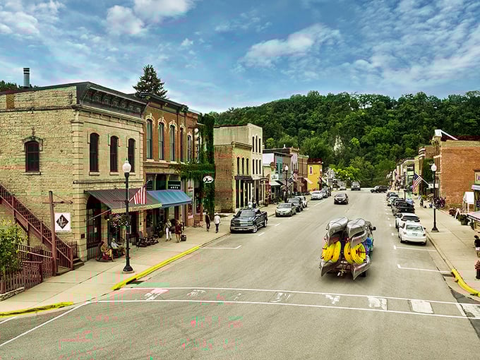 Downtown Lanesboro offers the rare sight of kayaks parading down Main Street, headed for adventures on the Root River.