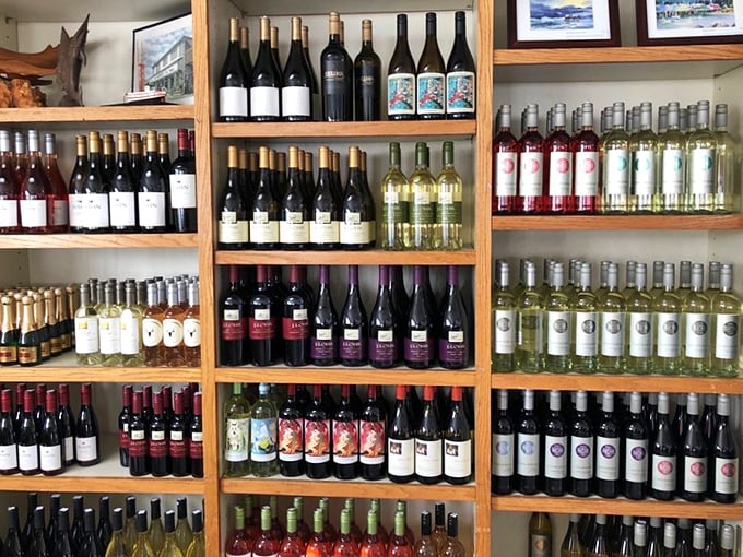 The wine selection proves that good seafood deserves good company—local bottles that pair perfectly with ocean views and salt-tinged breezes.