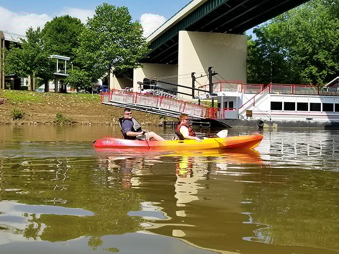 River life in Marietta isn't a spectator sport. These kayakers are experiencing the Ohio River the way it was meant to be—minus the 19th-century steamboat traffic.