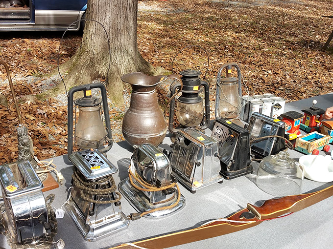 Old lanterns that once lit farmhouse porches now await new homes. These weren't decorative in their day—they were as essential as our smartphone flashlights.
