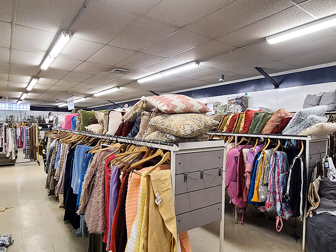 Clothing racks topped with pillows—because in the thrift store universe, organization follows its own delightfully chaotic logic.