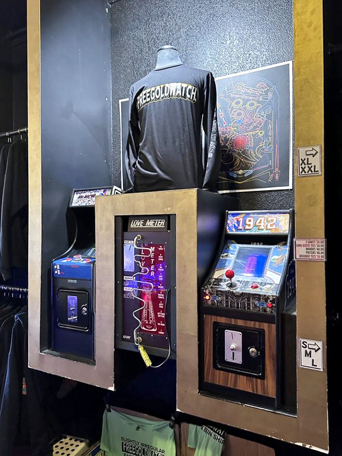 A love meter and classic arcade cabinets share space with screen-printed merchandise. Romance and gaming—a perfect San Francisco evening.