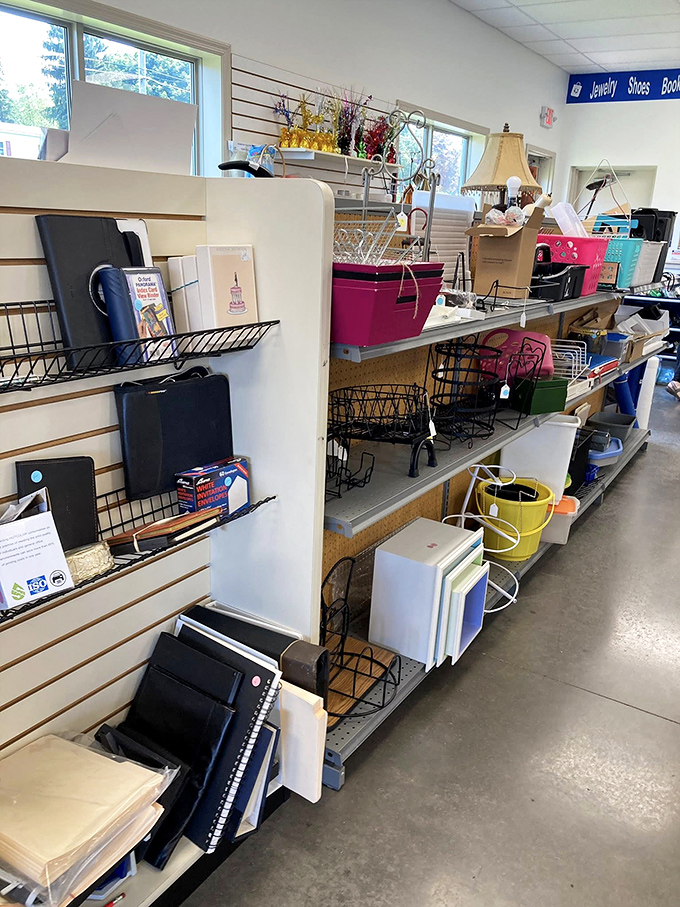 Office supplies and household organizers stand ready to bring order to chaos—the Marie Kondo section of thrifting paradise.