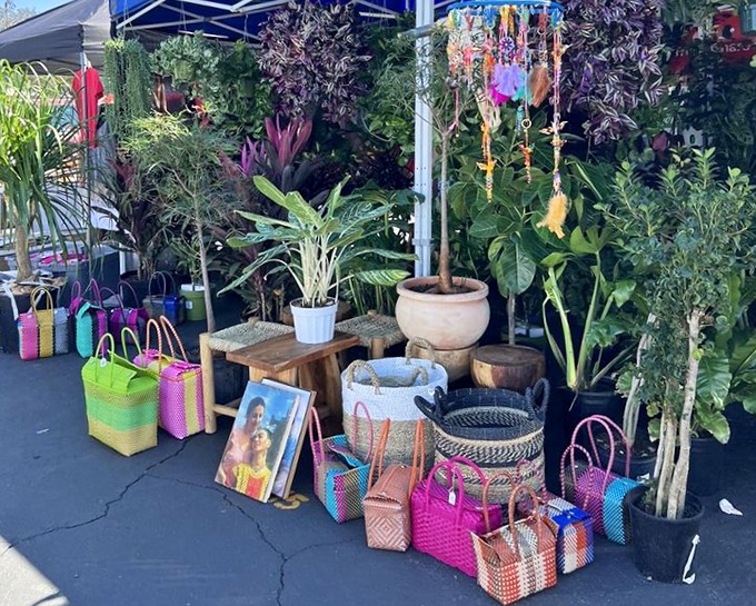Nature meets craftsmanship in this colorful corner. Those vibrant baskets aren't just containers—they're portable pieces of functional art waiting for their forever home.