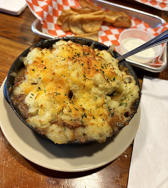 Shepherd's pie that would make an actual shepherd abandon his flock. That golden crust is hiding treasures beneath.