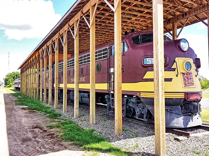 This vintage Soo Line locomotive isn't just preserved—it's honored, a magnificent beast of steel and steam now resting after decades of connecting Wisconsin to the world.