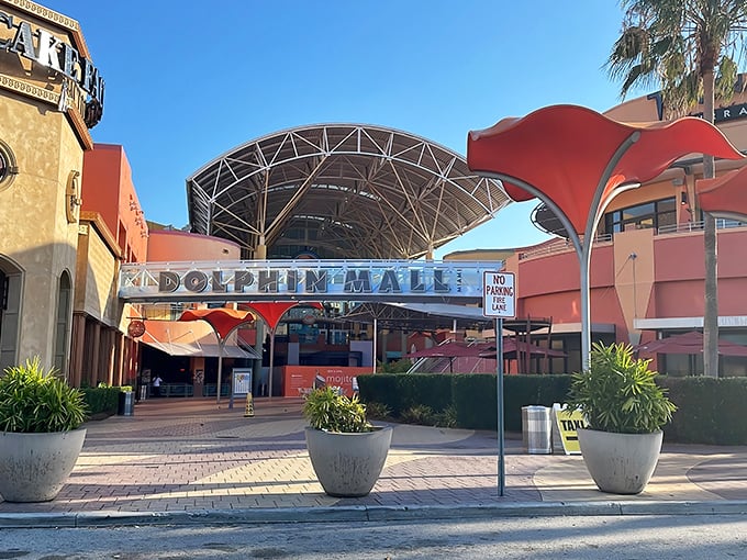 Dolphin Mall's distinctive architecture stands out like a retail beacon in Miami. Even the building looks excited about the deals inside!
