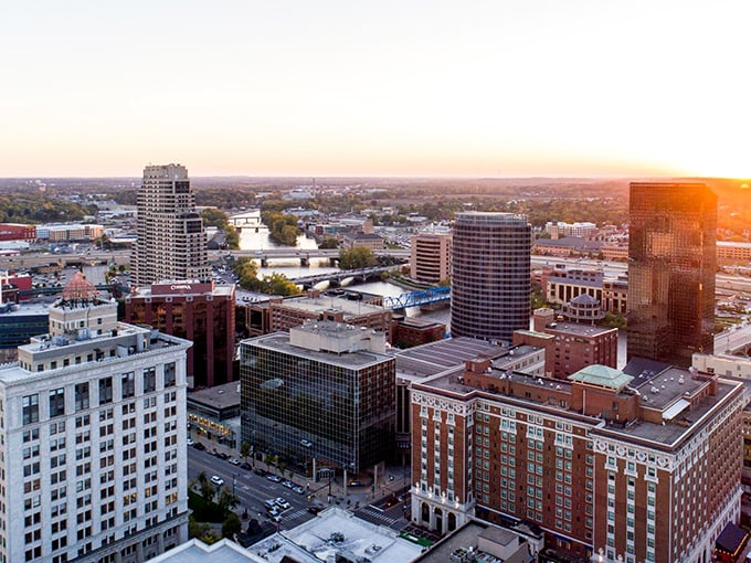 Grand Rapids' riverside view: "City lights reflecting on water – Grand Rapids offers urban amenities with prices that won't give you sticker shock."
