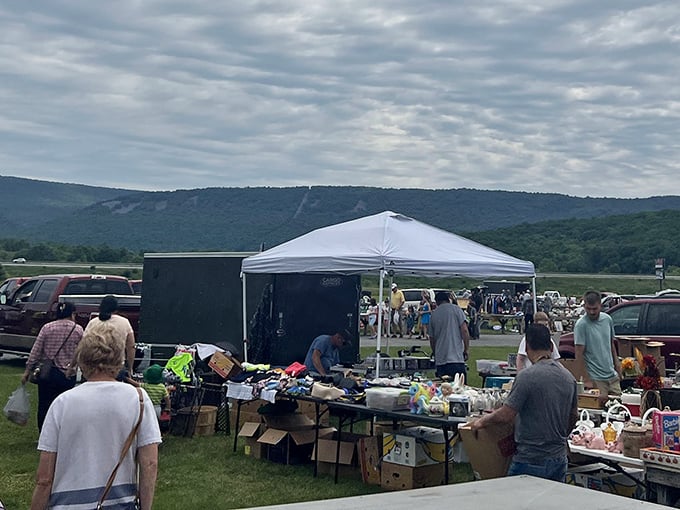 Mountain market magic! Leighty's outdoor setup against Pennsylvania's rolling hills creates a picturesque bargain hunting experience.