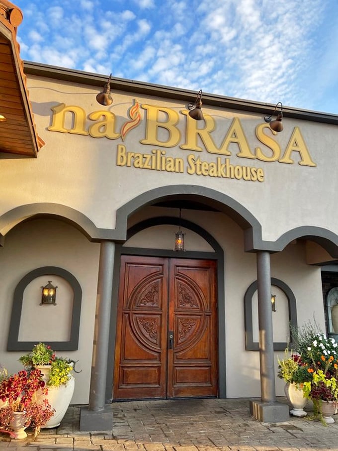 NaBrasa's grand entrance promises a Brazilian adventure. Those wooden doors open to a meat lover's paradise of endless skewers.