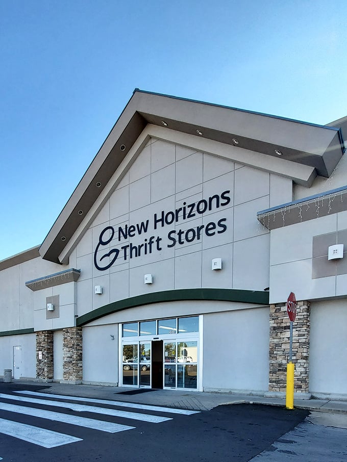 New Horizons' modern exterior with stone accents sets the tone for a thrift experience that's anything but second-rate.
