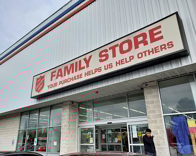 The Salvation Army's sign tells the truth – your purchase really does help others, making that vintage lamp an act of charity.
