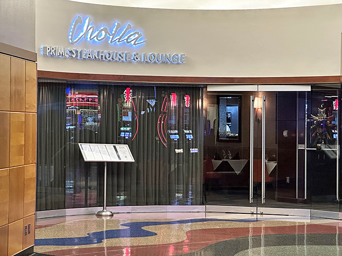 That elegant curved entrance isn't just for show—it's ushering you into a steak experience that's a sure bet every time.