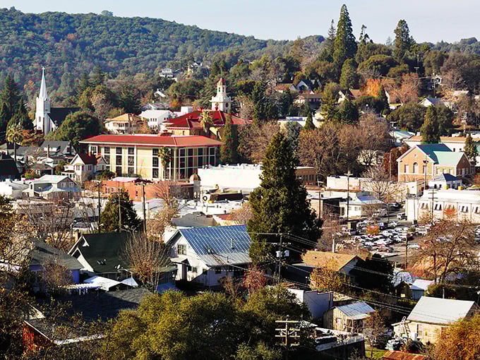 Viewed from above, Sonora's colorful buildings nestle among trees like a model train village brought to life.