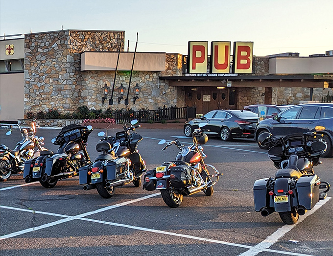Motorcycles lined up outside The Pub – even road warriors know where to find the best steaks in South Jersey!