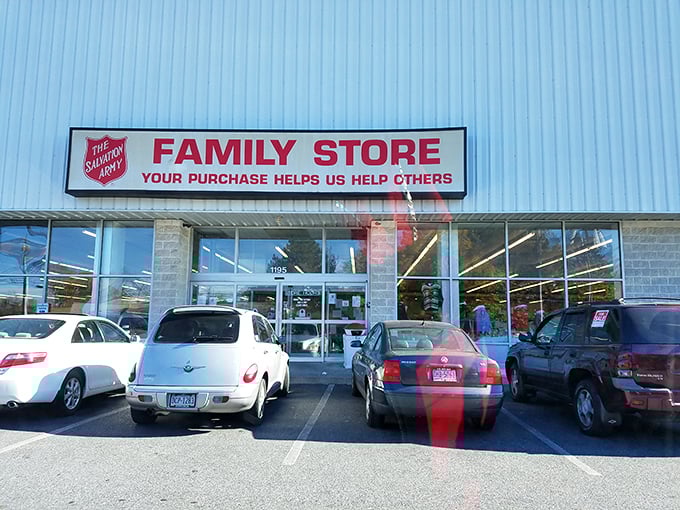 Cars lined up like eager shoppers! The Salvation Army's bright storefront promises treasures for every budget.
