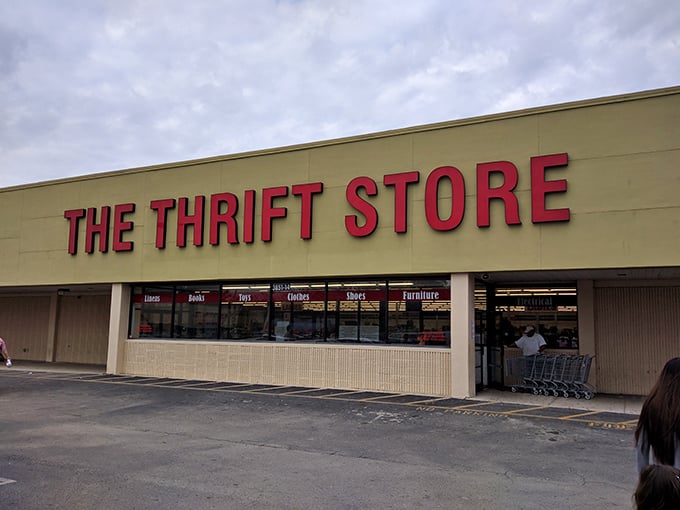 Bold red letters announce this thrift paradise, where Jacksonville residents hunt for bargains under fluorescent skies.