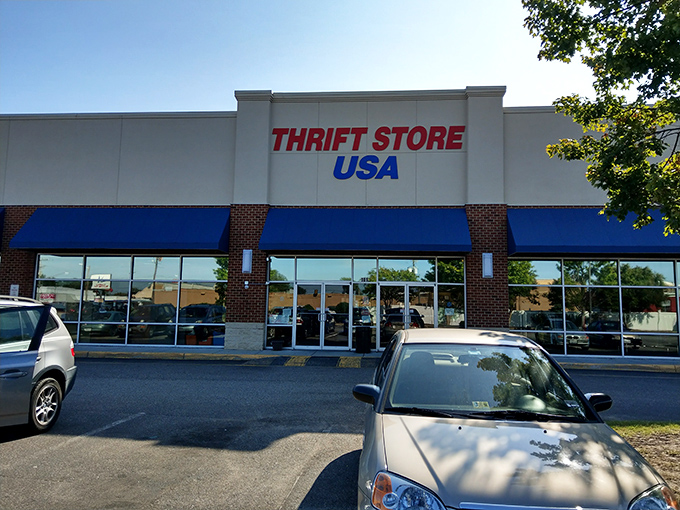 Blue accents on gray - corporate consistency meets local treasure hunting in perfect retail harmony.