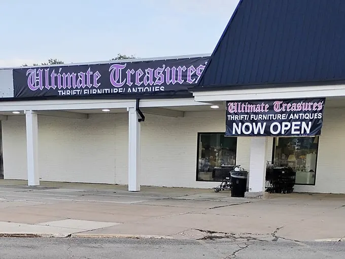 The purple Ultimate Treasures sign stands out in Downers Grove, promising a more curated thrifting experience than most.