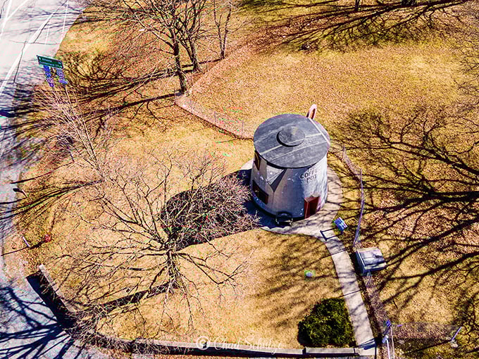 From above, The Coffee Pot looks like a silver dollar dropped into Pennsylvania's lush landscape—a perfect bird's-eye view of roadside Americana.