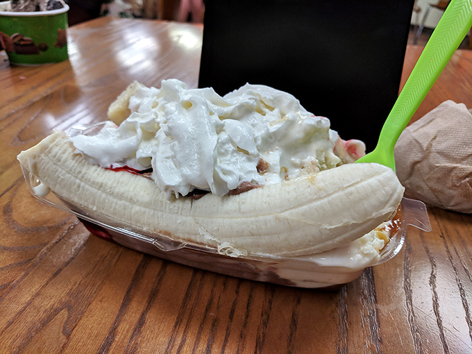 The banana split—nature's perfect fruit improved by ice cream, whipped cream, and the absence of nutritional guilt.