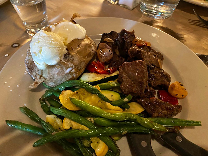 When a baked potato meets ice cream meets perfectly cooked steak tips, you know you've found culinary nirvana. This plate is New Hampshire's answer to world peace.