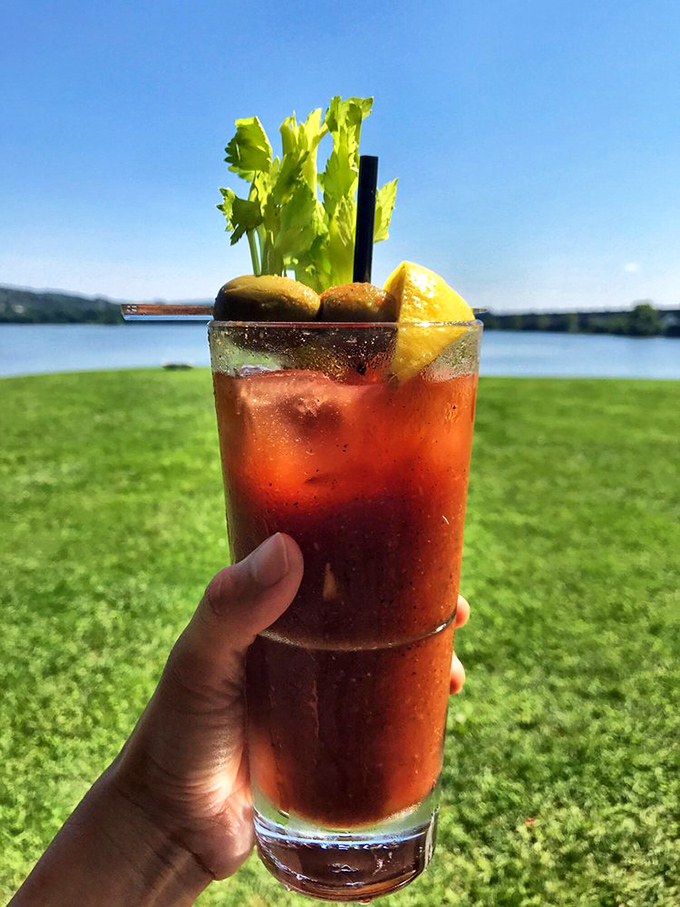 This Bloody Mary with its garden of garnishes isn't just a cocktail – it's practically a meal with a view.