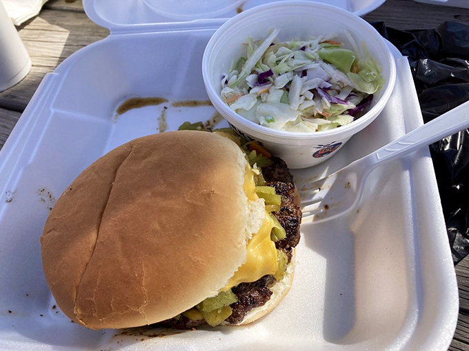 The simplicity is deceptive—this burger has spent years perfecting its craft. That side of coleslaw provides the crunch your life has been missing.