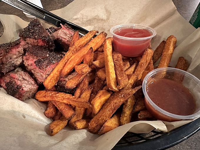 Sweet potato fries and meat candy. These burnt ends and crispy fries create the perfect sweet-savory duet that would make Broadway jealous.