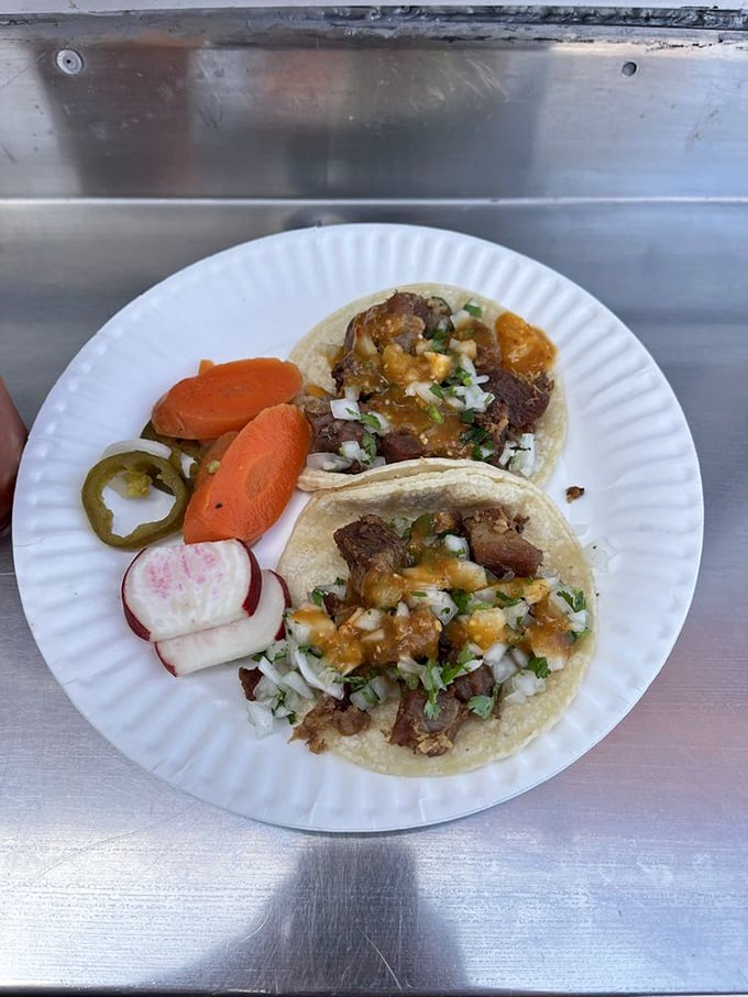 Tacos on a metal counter—the original farm-to-table experience if the farm were the ocean and the table were, well, a counter.