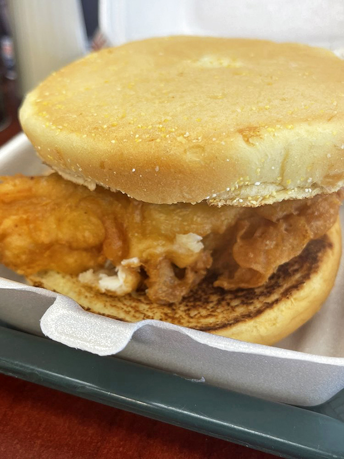 The fish sandwich—where British tradition meets American practicality. Crispy fish finds its perfect match with a soft bun and tangy sauce.