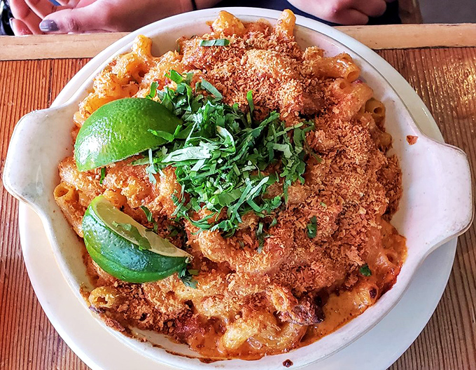 Shredded beef atop creamy mac isn't just a topping—it's a declaration that comfort food deserves the royal treatment. Green onions add the perfect fresh finish.