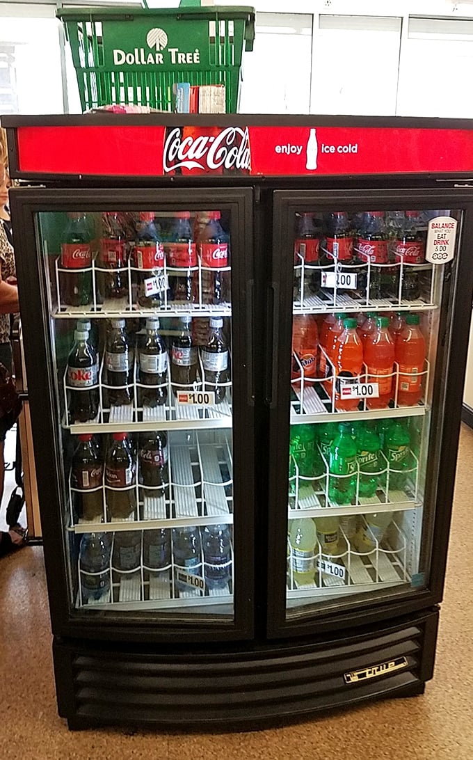 The refrigerated section – where road trip refreshments and last-minute party beverages await at prices that feel like a clerical error.