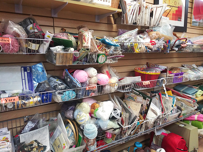 The craft section—where abandoned yarn balls and pattern books find second chances with creative souls looking for inspiration on a budget.