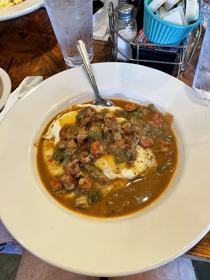Crawfish étouffée with eggs—because in New Orleans, even breakfast gets the Cajun treatment. Morning glory with a kick! 