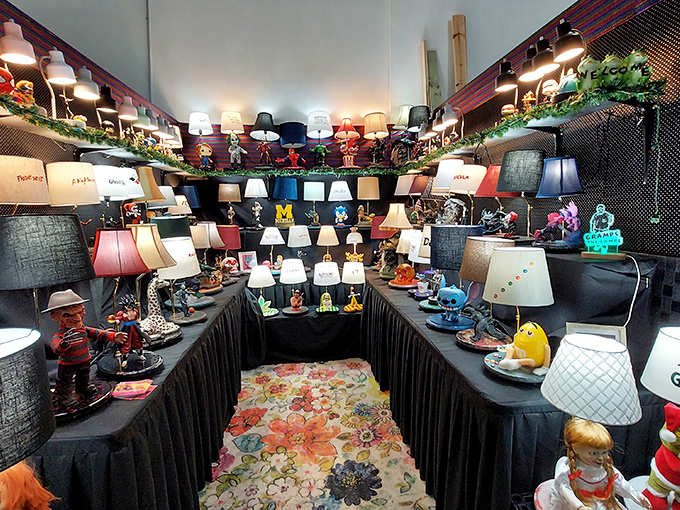 The lamp section glows with personality and whimsy. Each one tells a different story—from sports fanatic to cartoon enthusiast to Michigan pride.