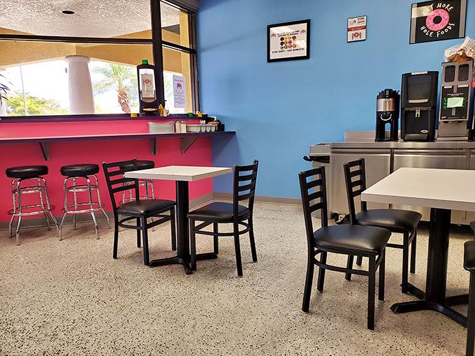 The minimalist dining area offers just enough space to contemplate life's big questions, like "Should I get another donut?"