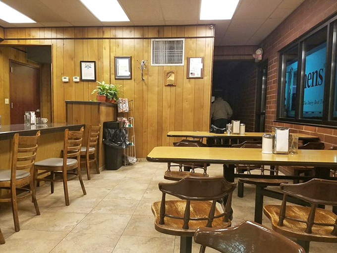 Wood-paneled walls and functional furniture say, "We put our energy into the food, not the decor." And that's exactly right.