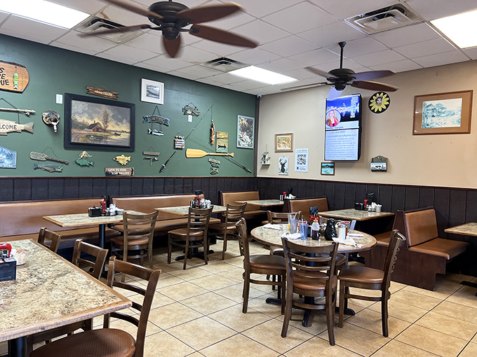 The dining area sports fishing decor and comfortable seating—like eating in your Florida uncle's den, if your uncle could really cook.