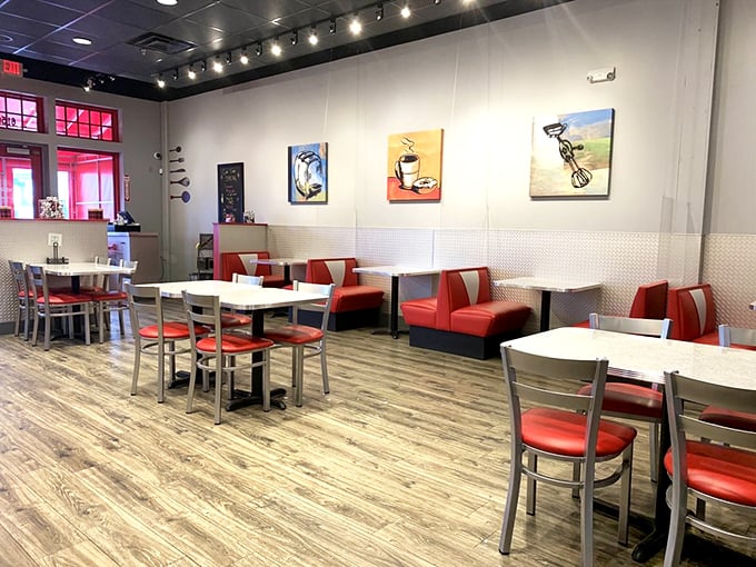 Modern diner aesthetics with pops of color and art that says, "Yes, we're serious about food, but we don't take ourselves too seriously."