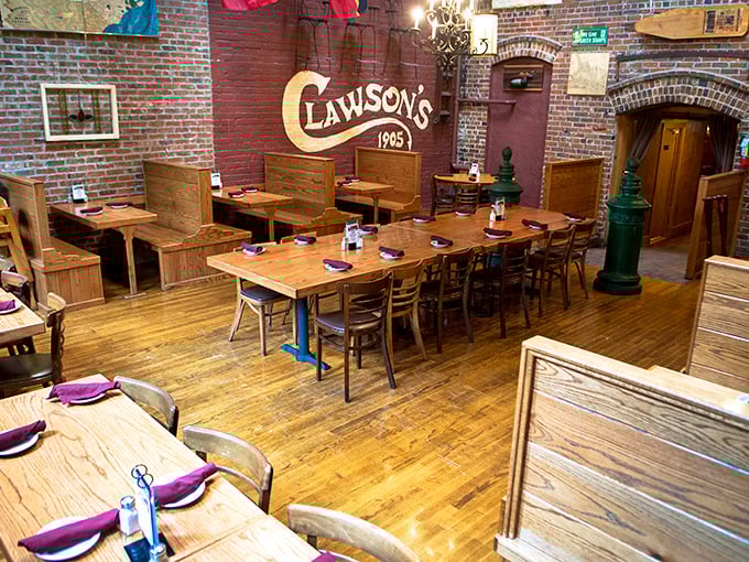 Exposed brick walls and wooden tables create a dining room that feels like it's been welcoming friends for generations – because it has.