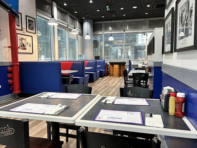 The newer dining area maintains the deli's blue and white color scheme—a nod to tradition while providing a comfortable spot to tackle those monumental sandwiches.