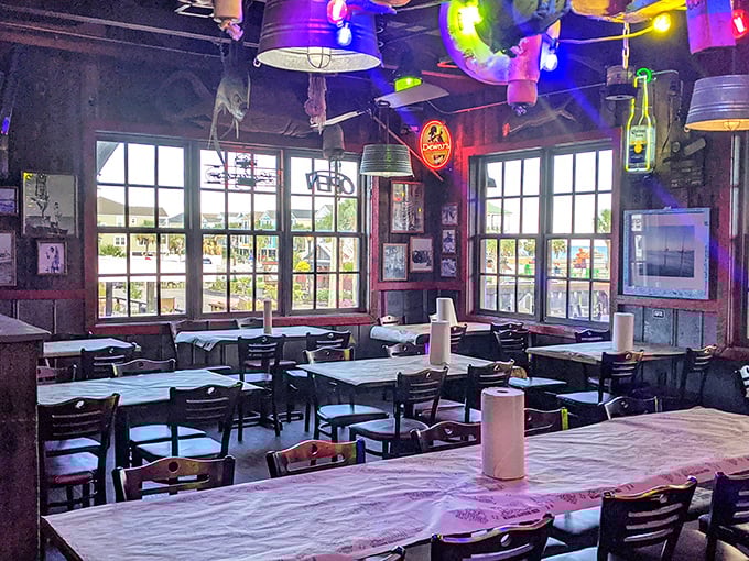 The dining room feels like eating in your eccentric sea captain uncle's living room—colorful, comfortable, and filled with stories of the deep.