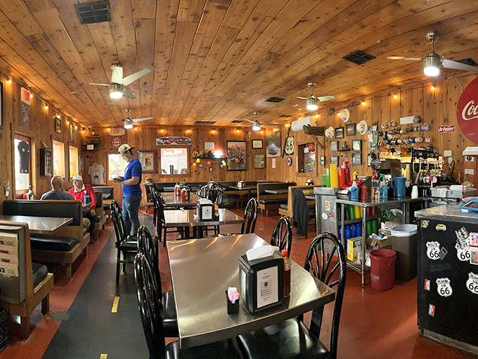 The dining room feels like your favorite uncle's cabin—if your uncle collected Route 66 memorabilia and served incredible comfort food.