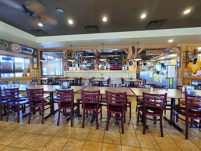 Empty chairs waiting for hungry patrons like a culinary game of musical chairs where everyone wins a seat at the barbecue table.
