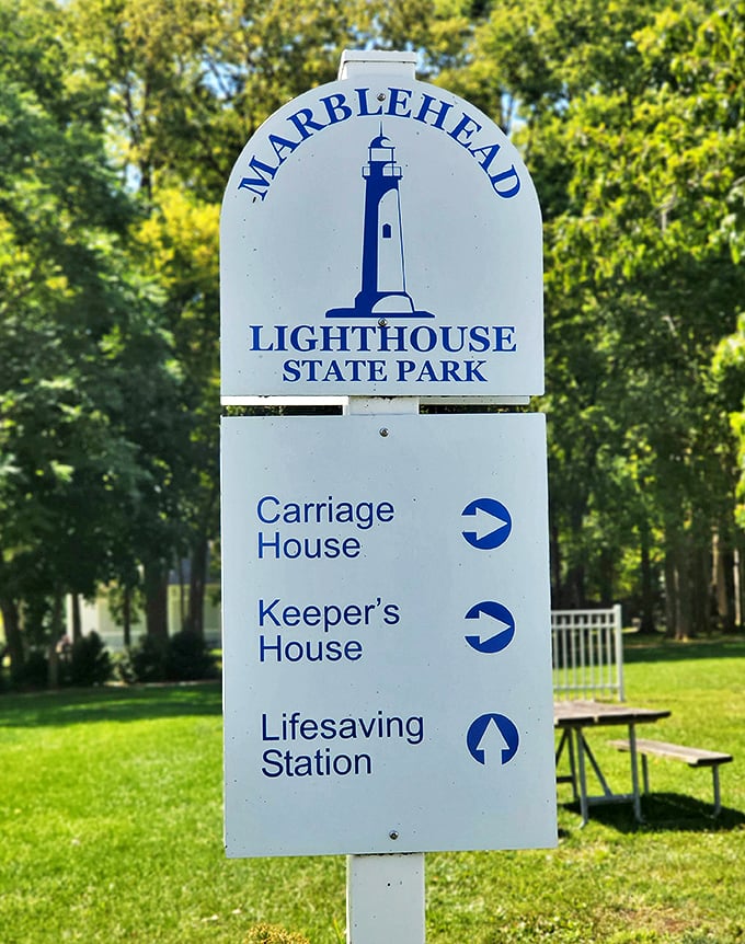 This helpful sign points the way to maritime history—Keeper's House, Carriage House, and Lifesaving Station all waiting to be explored.