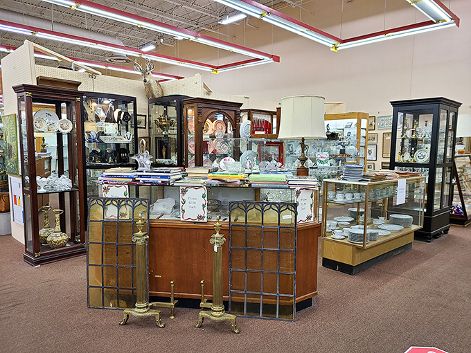 Display cabinets housing treasures behind glass—like museums where everything has a price tag and nothing's bolted down.