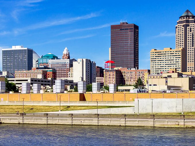 The Des Moines River reflects the city skyline like nature's own Instagram filter—no hashtags required.