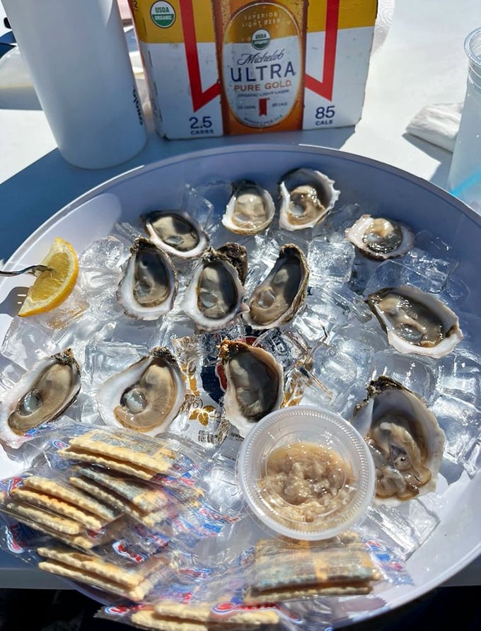 Apalachicola oysters on ice—nature's perfect appetizer with just a squeeze of lemon. Like slurping the ocean, but in the best possible way.