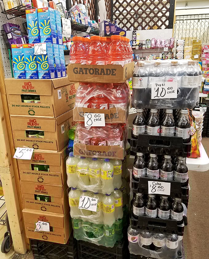 The beverage aisle – where Gatorade towers and soda cases form a colorful oasis for thirsty treasure hunters needing mid-search refreshment.